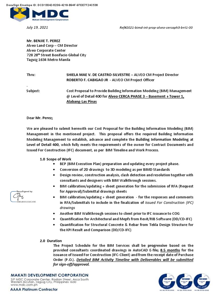 2021-BIM PROPOSAL - ALVEO-CERCA PH 3 B+T1 - Docusigned | PDF | Building ...