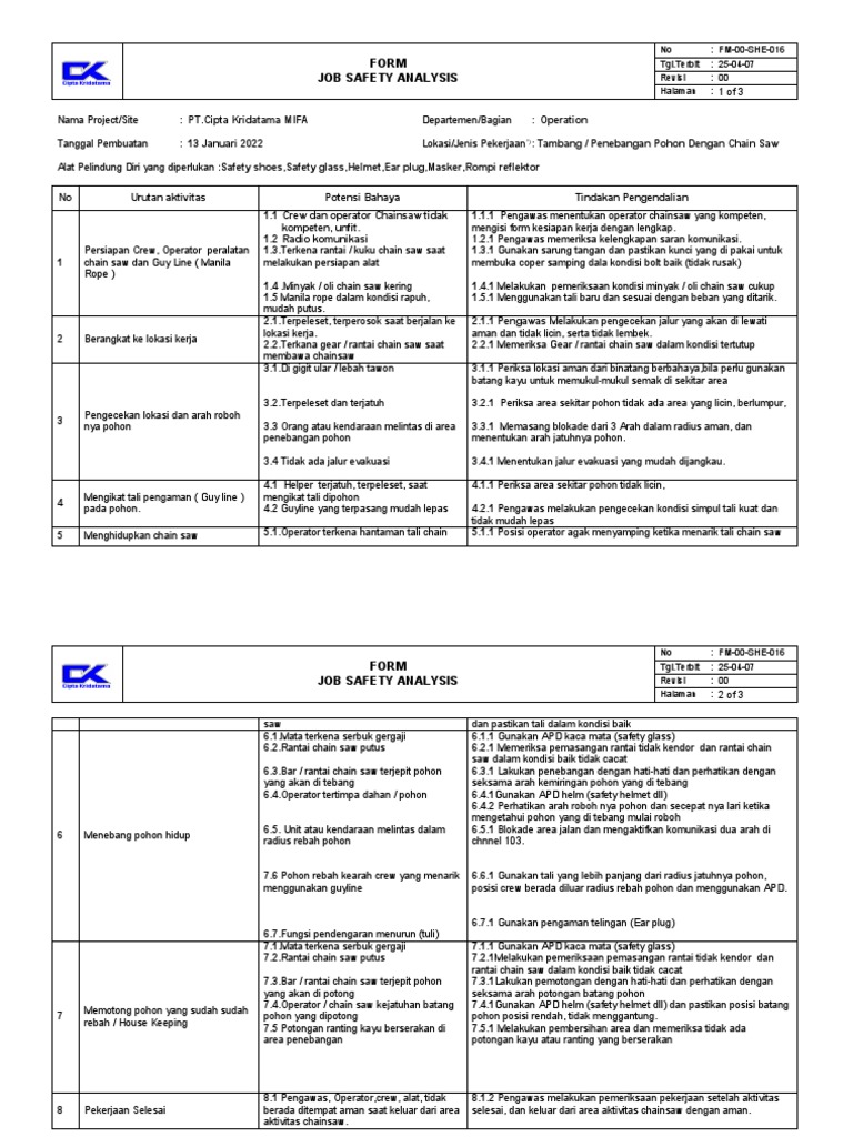 JSA Penebangan Pohon Dengan Chain Saw | PDF