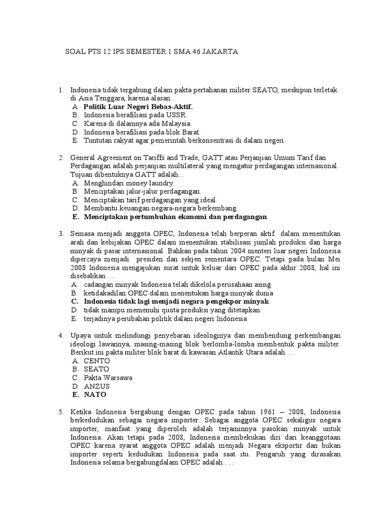 Soal PTS IPS Kelas 12: ASEAN dan OPEC | PDF