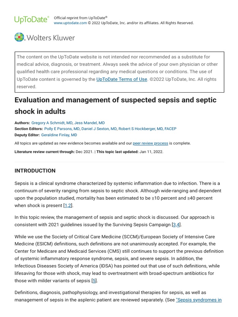 Evaluation and Management of Suspected Sepsis and Septic Shock in ...