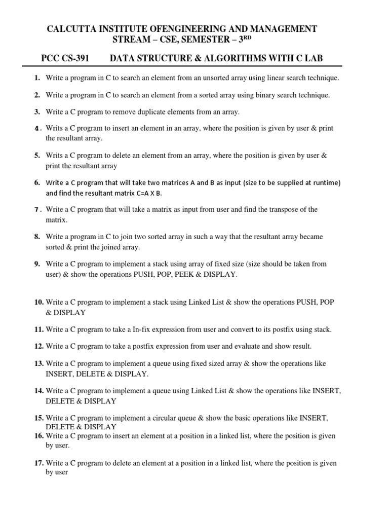 Lab List Data Structure And Algorithm Pdf Matrix Mathematics Mathematical Logic 4536