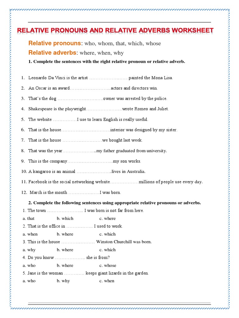 Exercises on Relative Pronouns and Adverbs | PDF | Linguistics ...