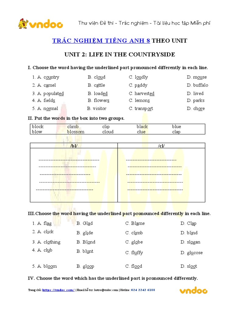 Trac Nghiem Ngu Am Tieng Anh Lop 8 Unit 2 Life in The Countryside | PDF