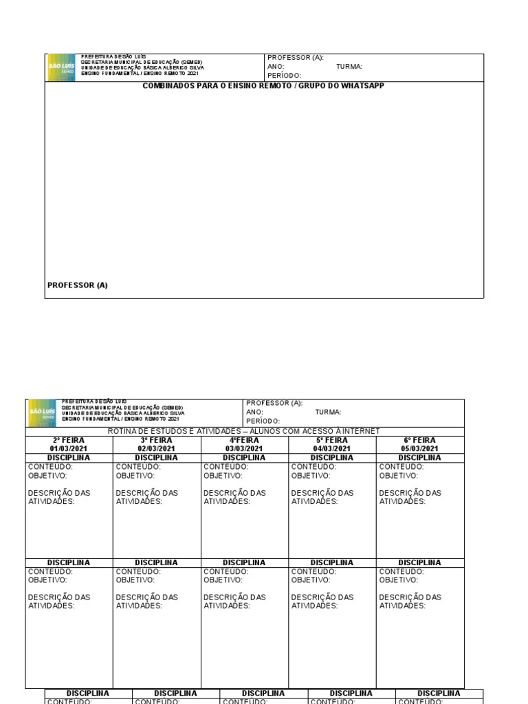 Modelo de Planejamento Quinzenal (Em Branco) | PDF
