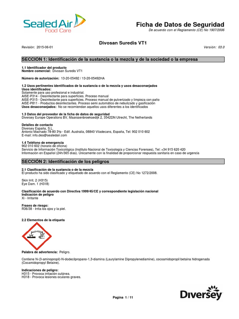 Hoja de Seguridad Divosan Suredis | PDF | Solubilidad | Agua