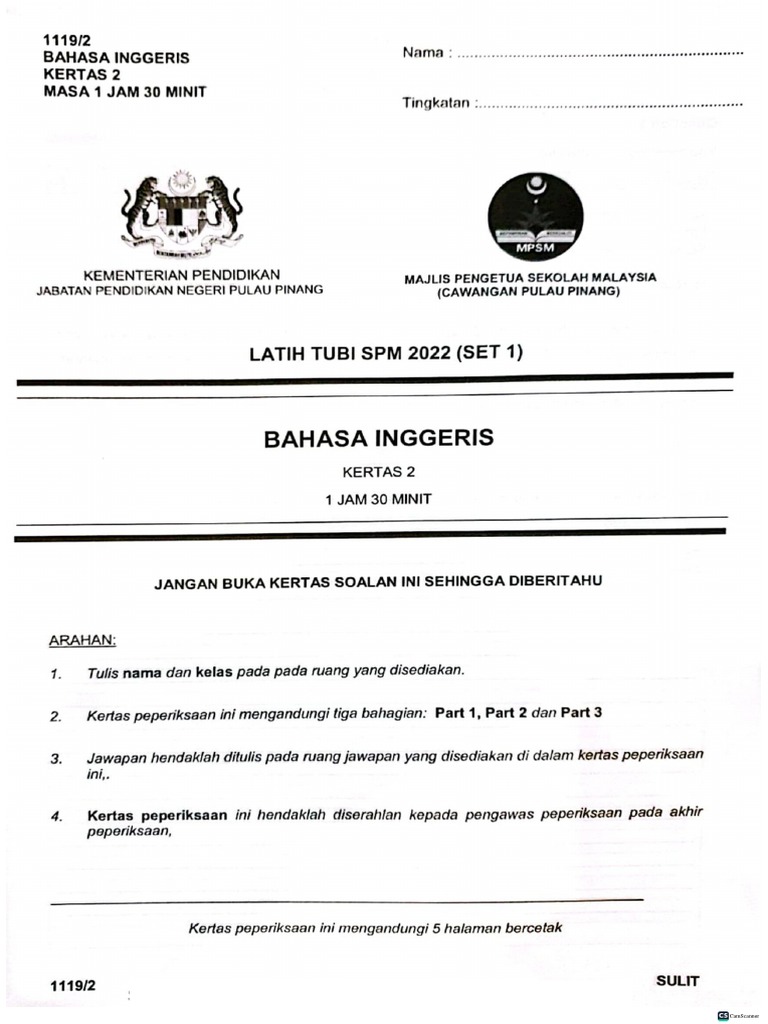 English K2 Set 1 Pulau Pinang 2022 | PDF