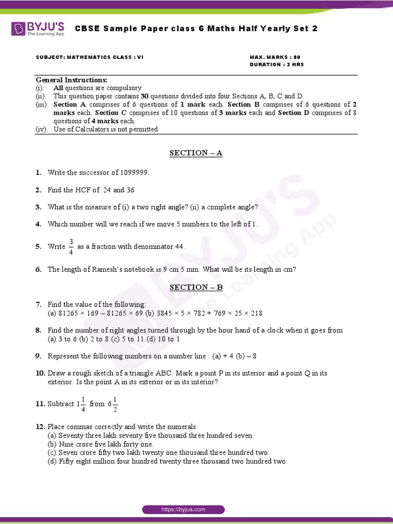 CBSE Sample Paper Class 6 Maths Half Yearly Set 2 | PDF | Elementary Geometry | Elementary ...