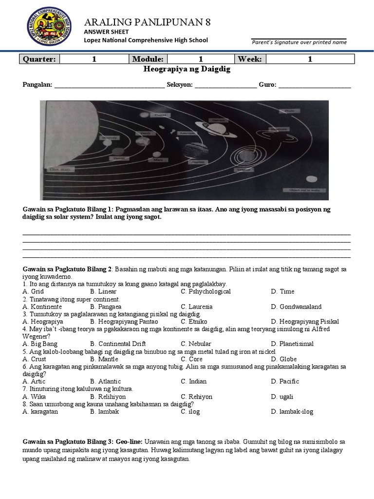 Grade 8 1st Quarter Answer Sheets W1 | PDF