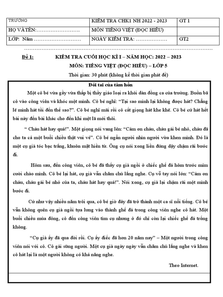 03 de Thi Hk1 Lop 5 Mon Tieng Viet Nam 2022 2023 Theo Thong Tu 22 | PDF