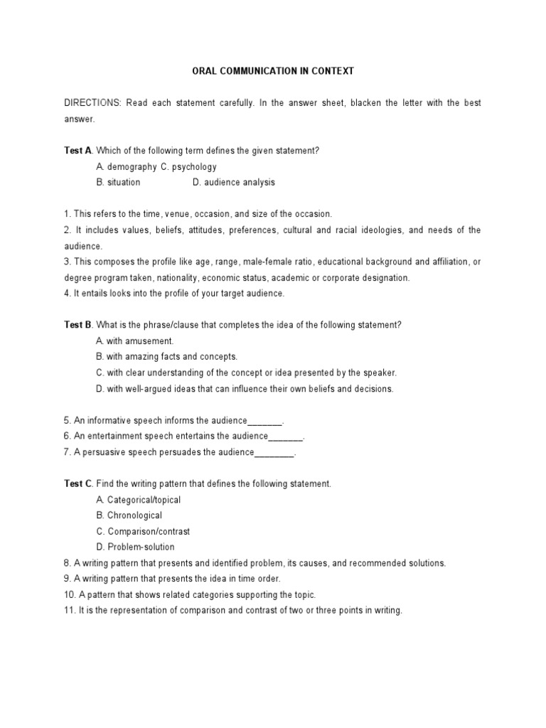 Oral Communication Test Overview | PDF | Communication | Unemployment