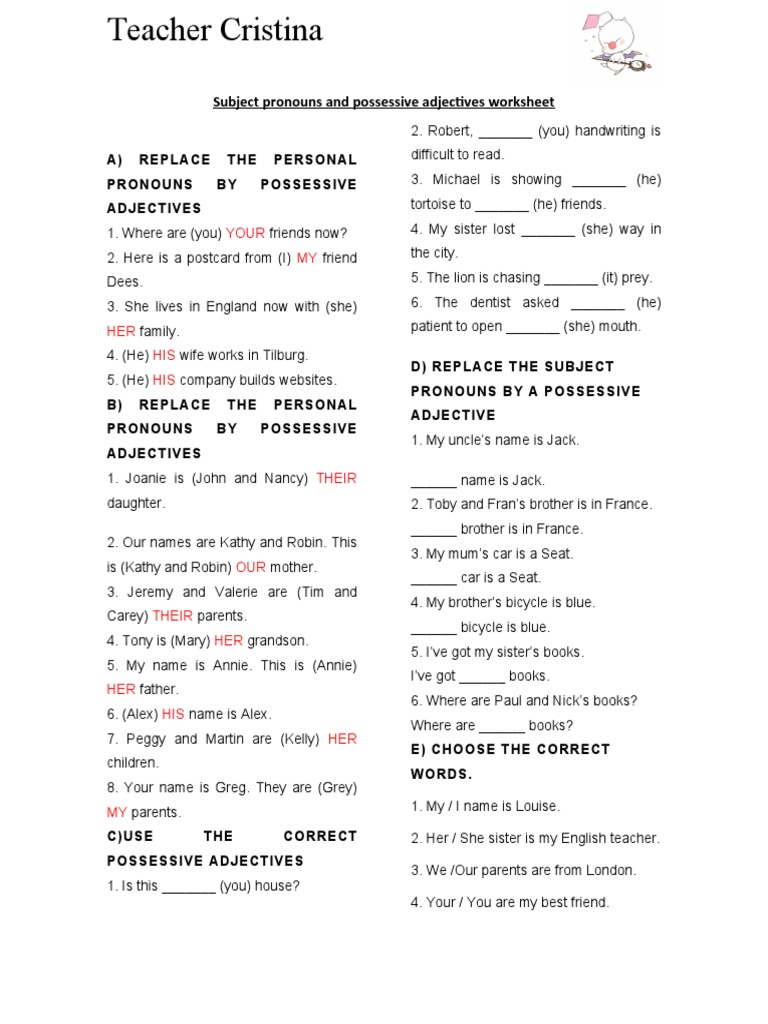 Subject Pronouns and Possessive Adjectives Worksheet | PDF | Cognitive ...