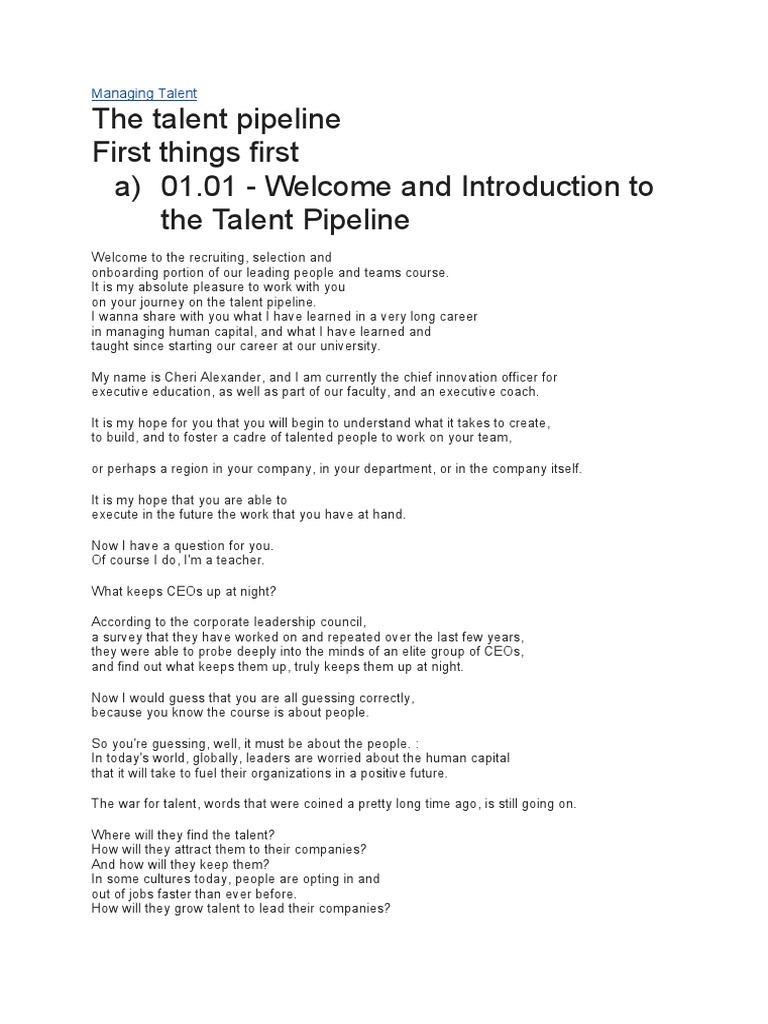 Managing Talent-1-Talent Pipeline-First Things First | PDF | Experience ...