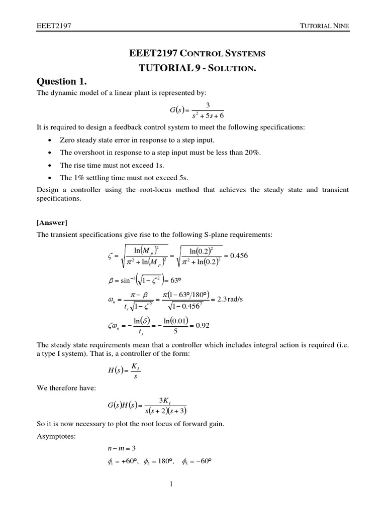EEET2197 Tute9 Soln | PDF | Systems Science | Control Engineering