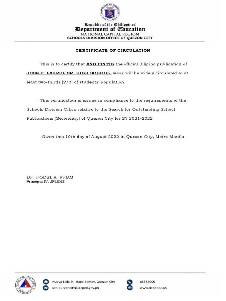 Certificate of Circulation ANG PINTIG | PDF