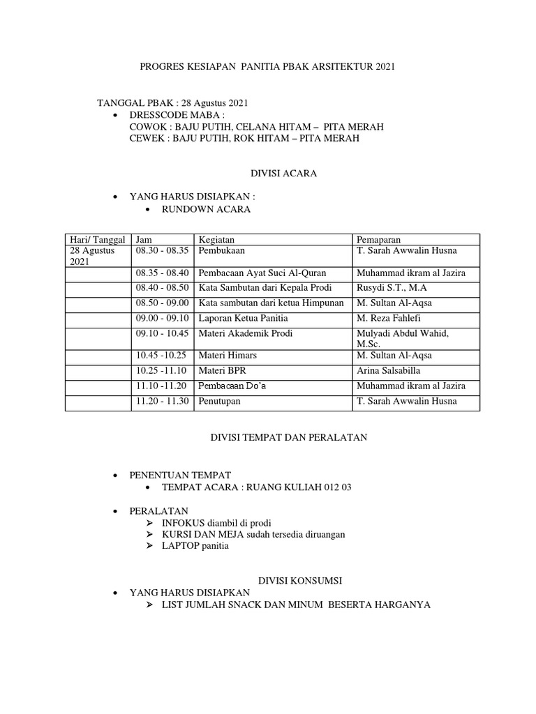 Progres Kesiapan Panitia Pbak Arsitektur 2021 2 | PDF