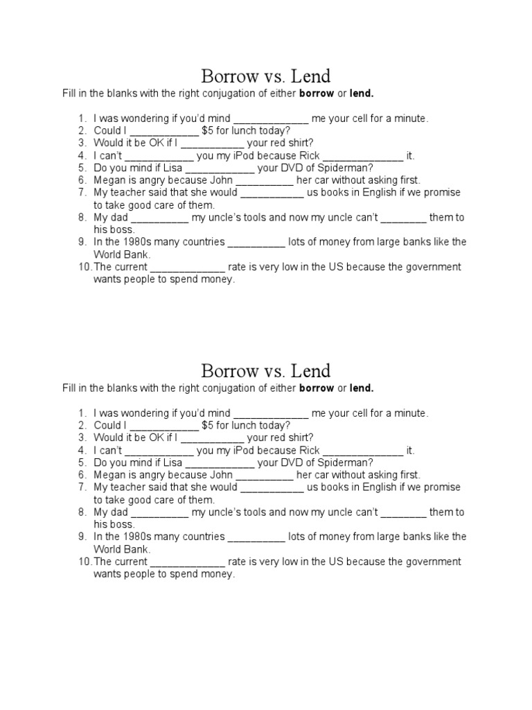 Fill in the Blanks: Borrow vs. Lend | PDF