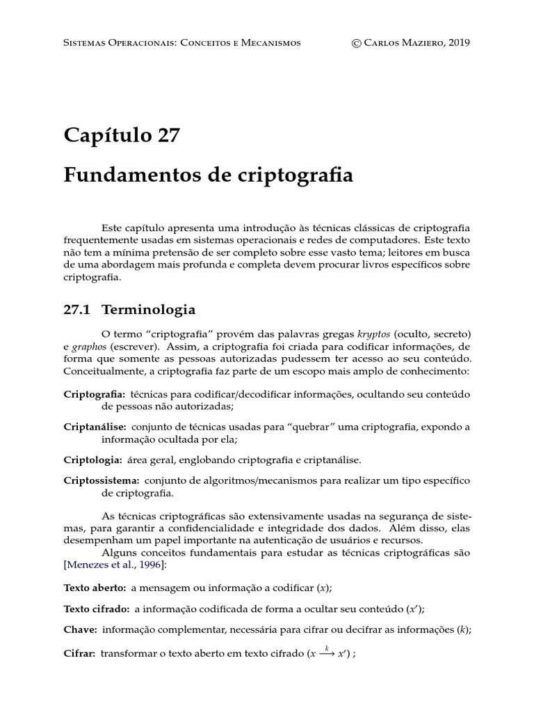 Fundamentos de Criptografia Autor Carlos Maziero | PDF | Criptografia | Criptografia de chave ...