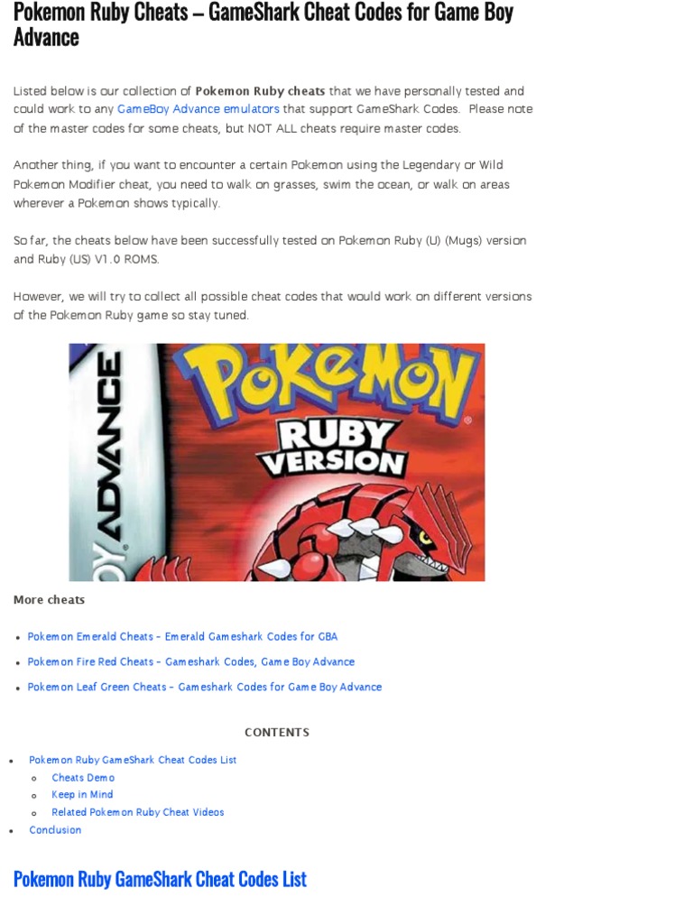 Pokemon Ruby Cheats - Gameshark Codes For Gameboy Advance | PDF | Cheating In Video Games | Gaming