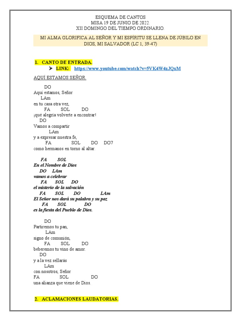 Esquema de Canto, Misa Dominical 19 Junio 2022 | PDF | eucaristía | Misa (liturgia)
