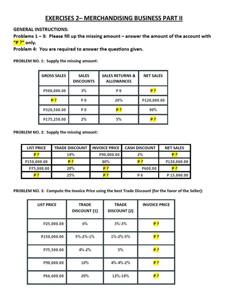 Exercises 2-Merchandising Business | PDF | Sales | Discounts And Allowances