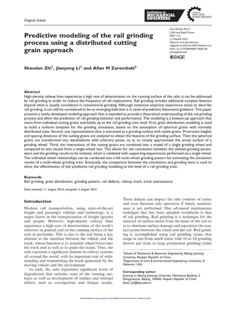 Predictive Modeling of The Rail Grinding Process Using A Distributed Cutting Grain Approach ...