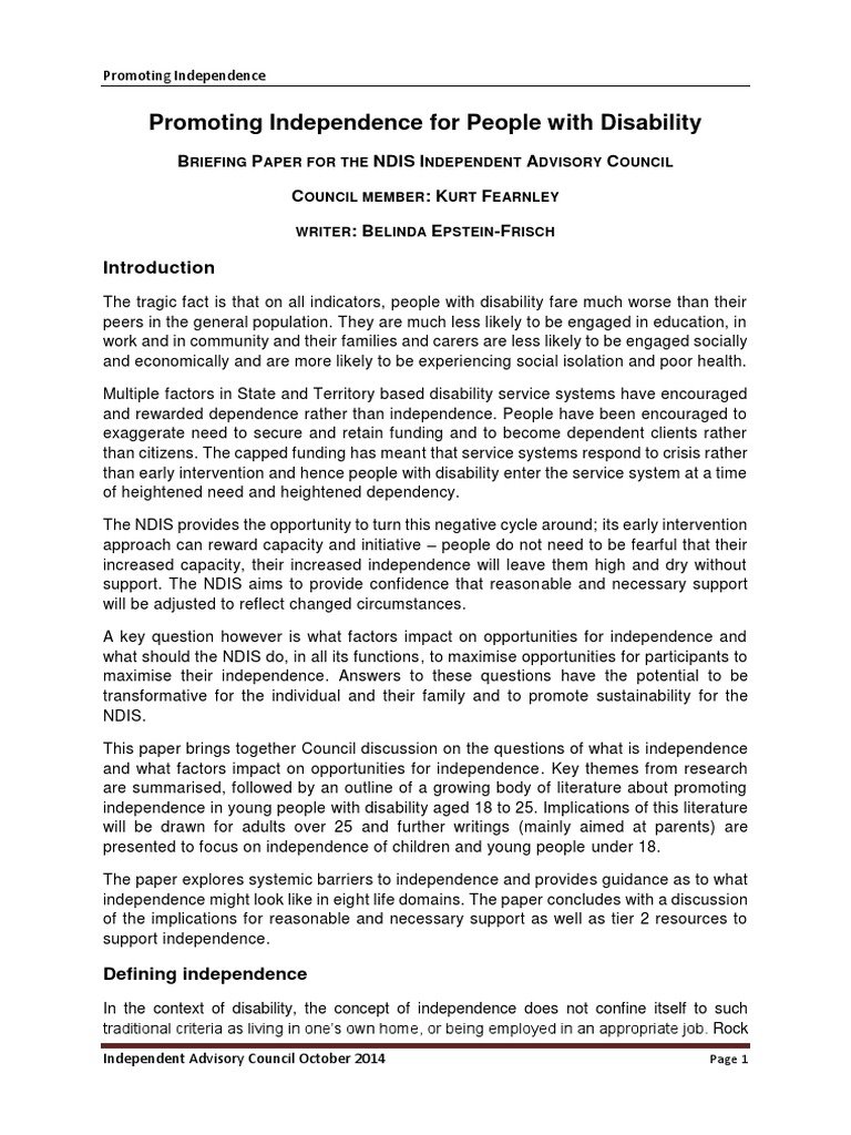 Promoting Independence For People With Disability | Download Free PDF | Cost Of Living | Disability