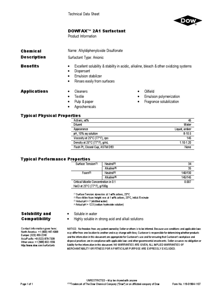 119 01964 01 Dowfax 2a1 Solution Surfactant Tds | PDF | Ph | Surfactant