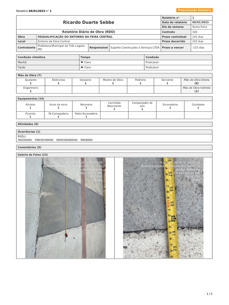 Relatorio Diario de Obra (Rdo) N 1 06-01-2023 | PDF | Equipamento de ...