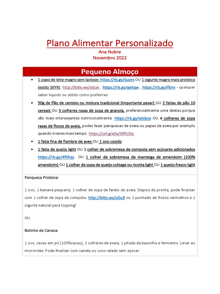 Plano Alimentar Personalizado 2022 | PDF | Amendoim | Queijo