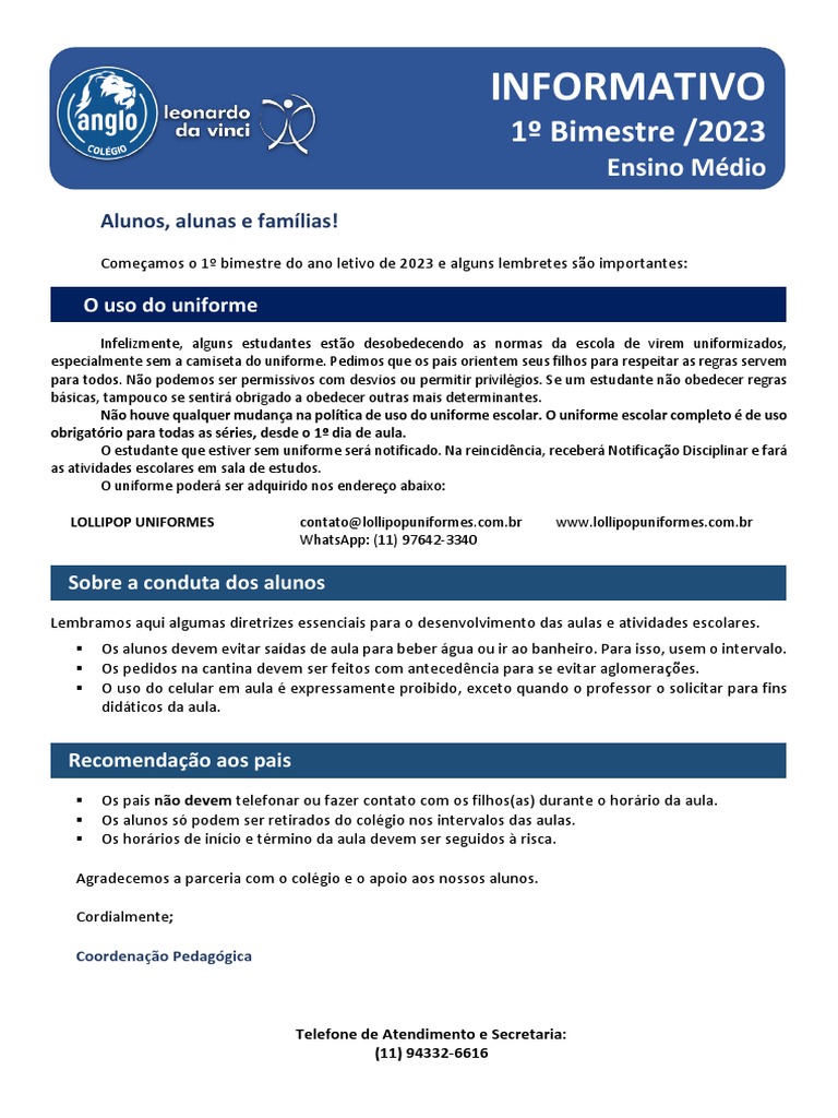 Comunicado Escolar - Uso de Uniforme Escolar - 2023 | PDF