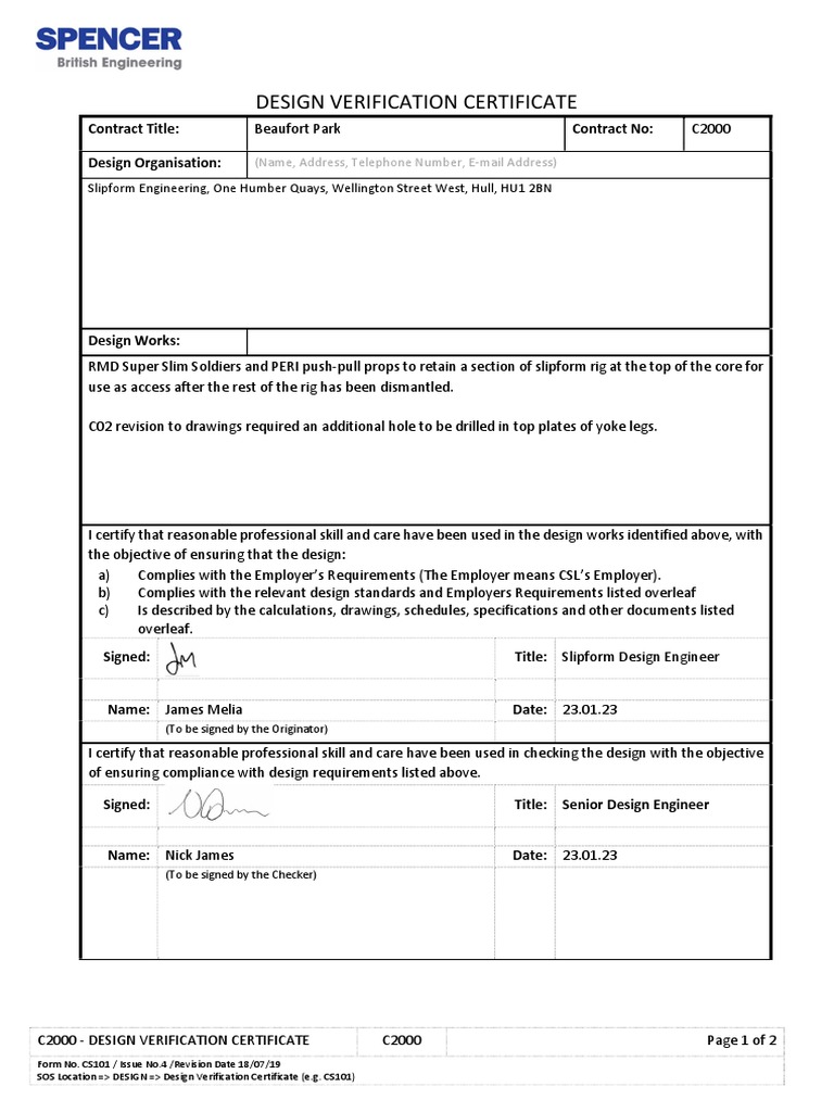 CS101 Design Verification Certificate - Retention of Rig Section On ... CS101 Design Verification Certificate - Retention of Rig Section On ...