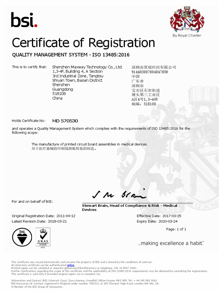 Certificate of Registration for Quality Management System Compliance ...