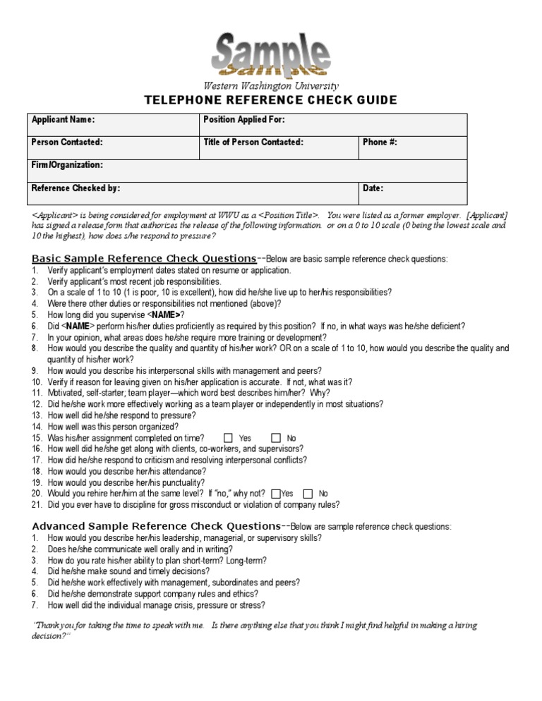 Telephone Reference Check Form | PDF | Psychological Concepts ...