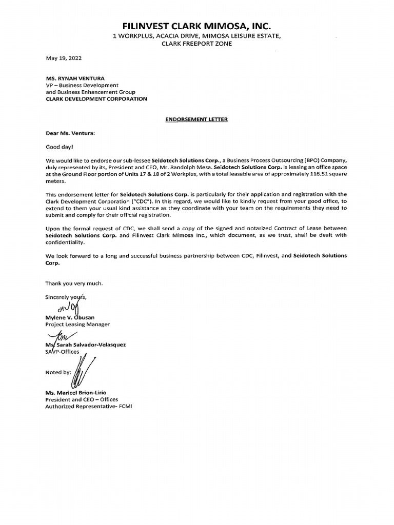 Endorsement Letter To CDC Seidotch | PDF