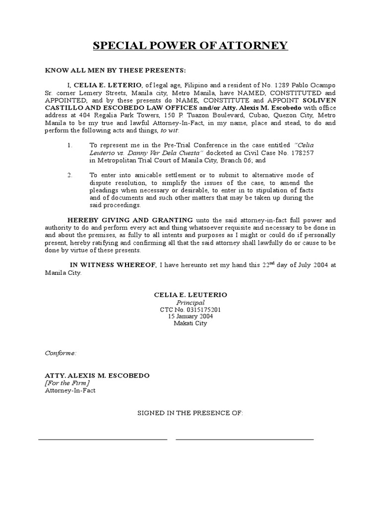 Special Power of Attorney Document | PDF | Power Of Attorney | Manila