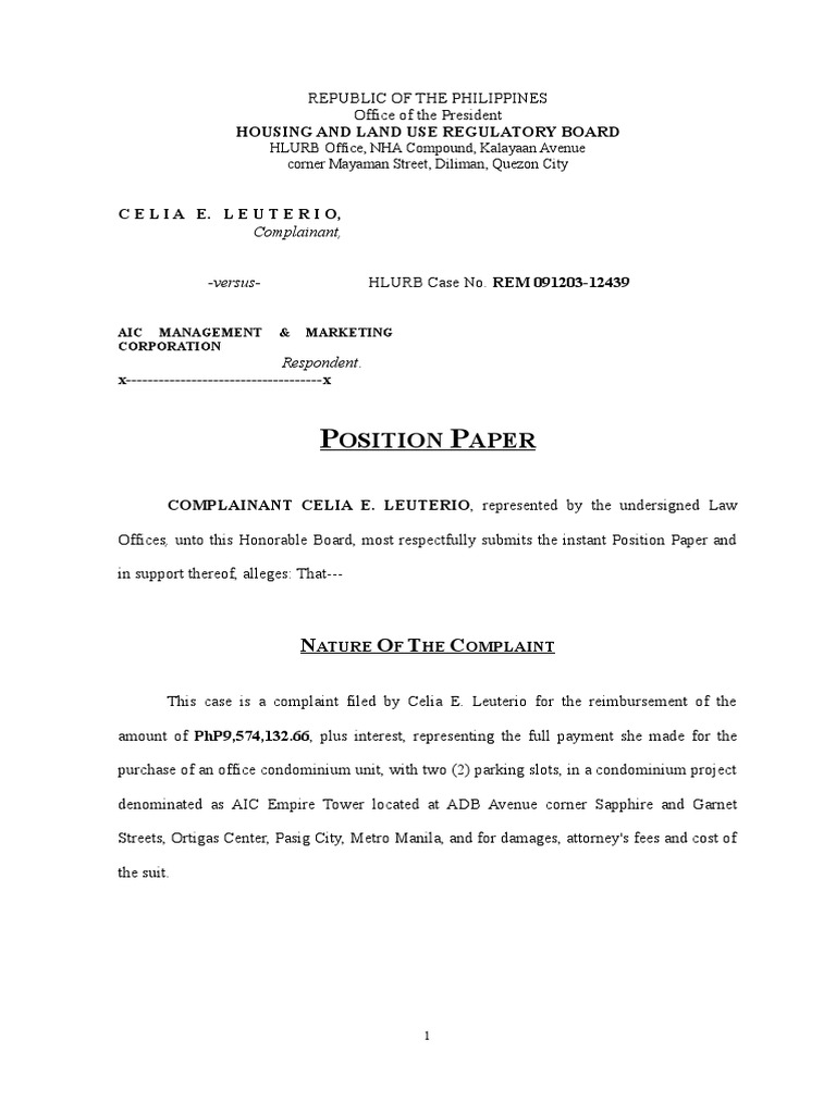 Position Paper HLURB | PDF | Lawsuit | Justice