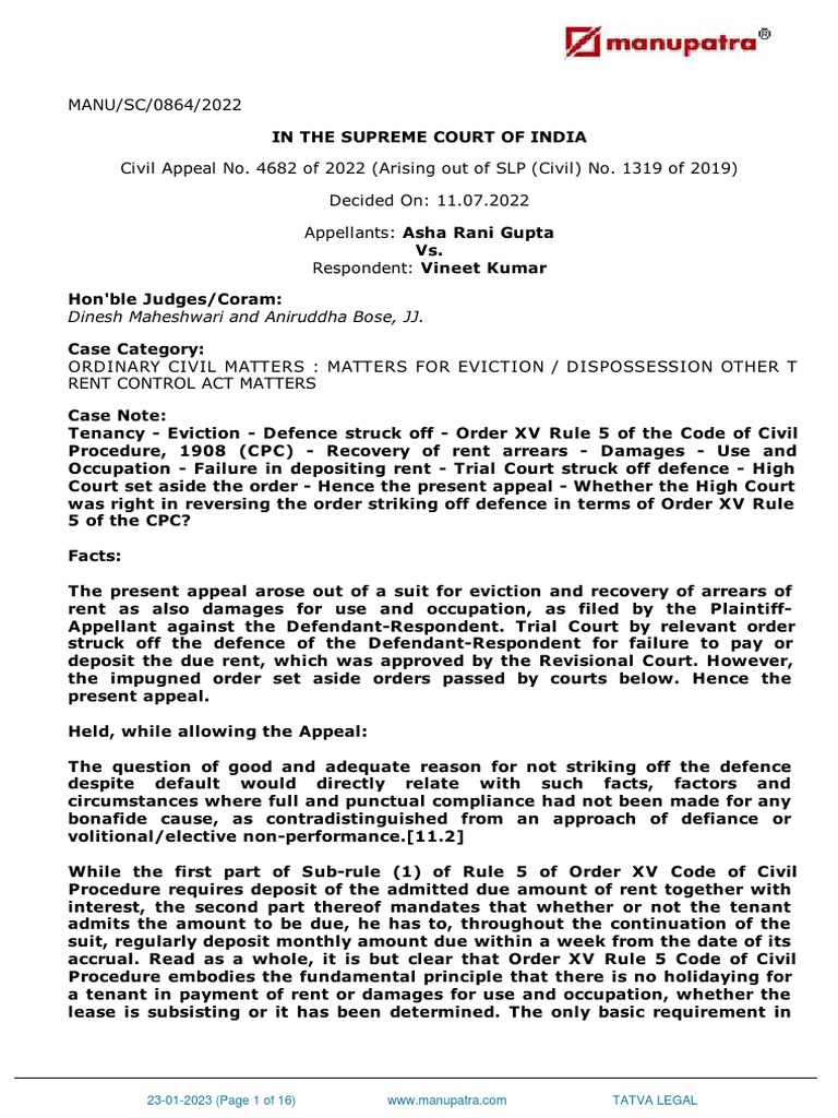 Asha Rani Gupta Vs Vineet Kumar 11072022 SCSC202212072218303026COM821390 | PDF | Lawsuit | Lease