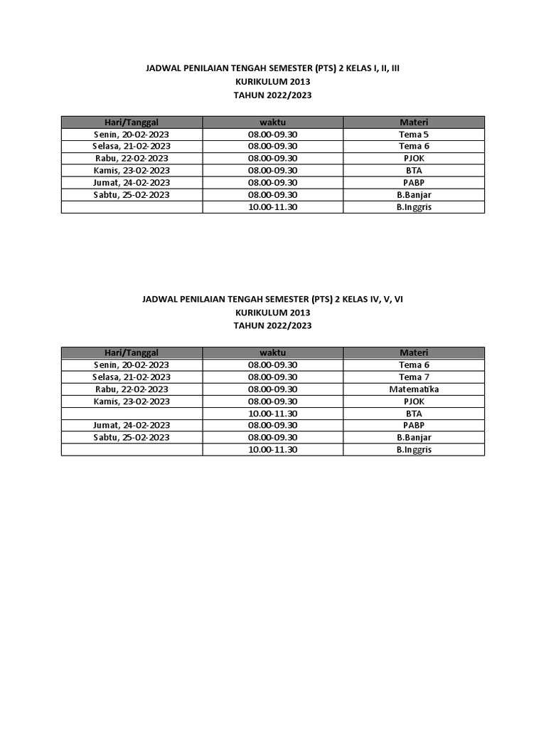 Jadwal PTS Kelas I-VI 2023 | PDF
