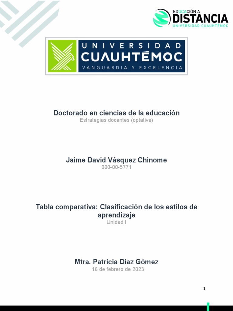 Tabla Comparativa Clasificación de Los Estilos de Aprendizaje | PDF | Aprendizaje | Aprendiendo ...