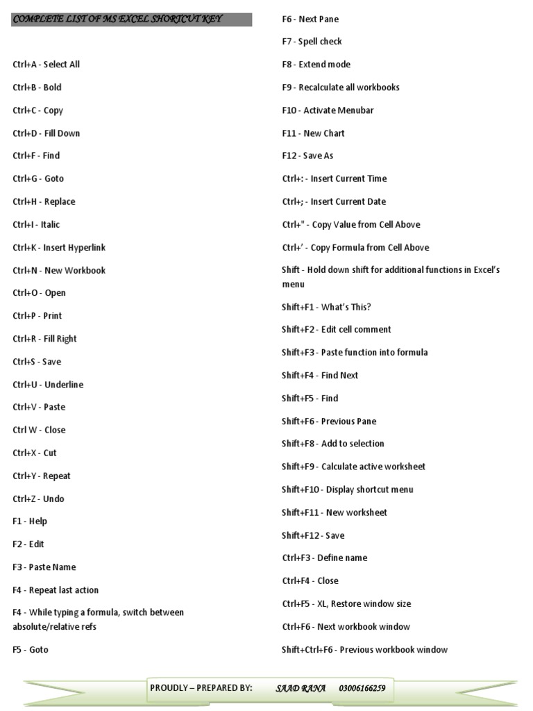 Complete List of MS Excel Shortcut Key | PDF | Microsoft Excel | Computing