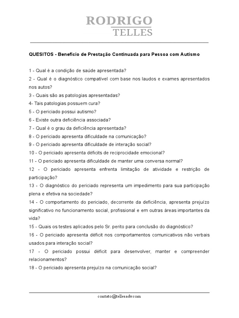Quesitos - BPC para Autista - Professor Rodrigo Telles | PDF Quesitos - BPC para Autista - Professor Rodrigo Telles | PDF