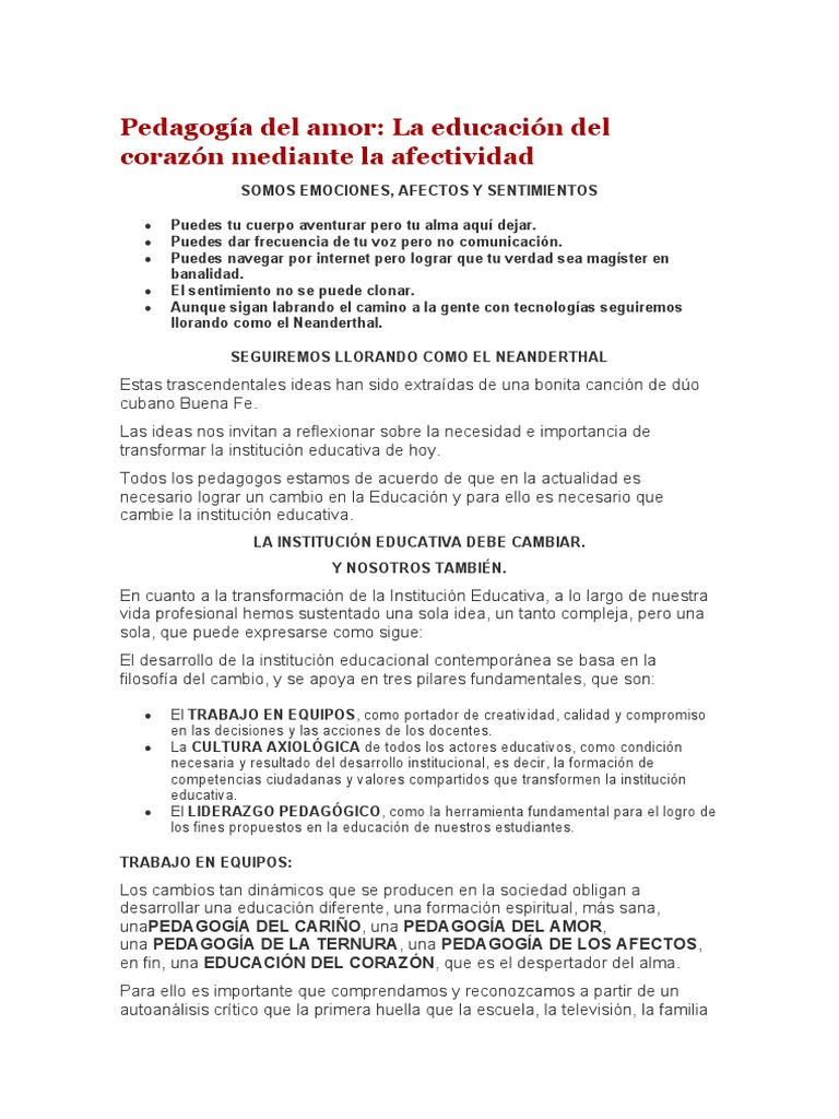 La Educación Del Corazón Mediante La Afectividad Pdf Aprendizaje Amor