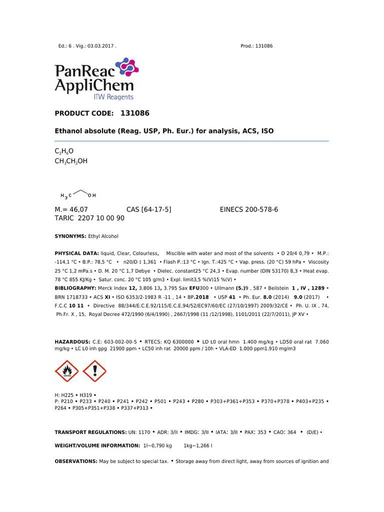 Ethanol Absolute Specifications and Data | PDF | Ethanol | Atoms