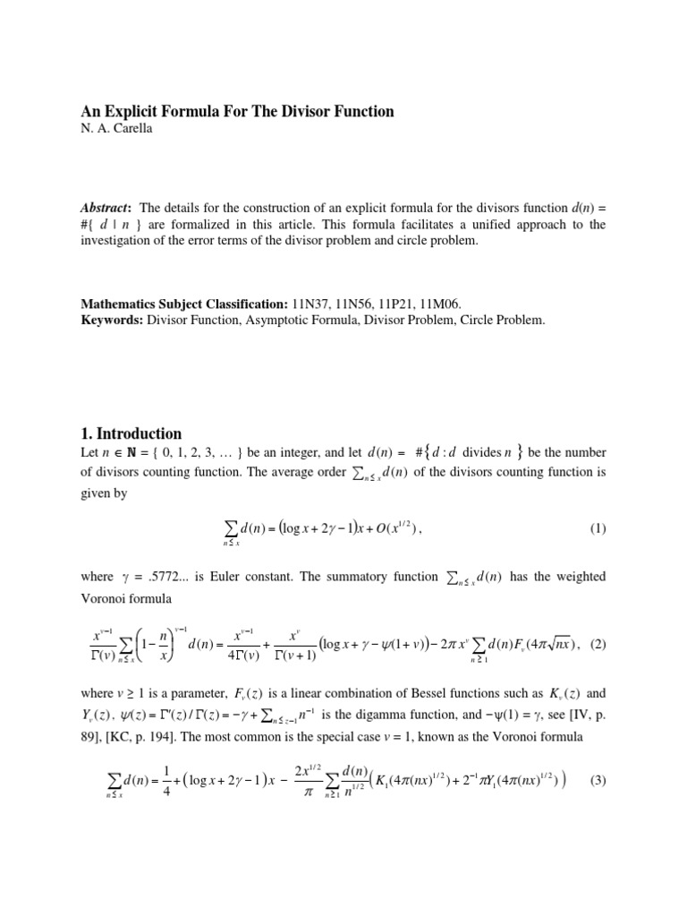 Explicit Formula For Divisor Function Pdf Mathematics