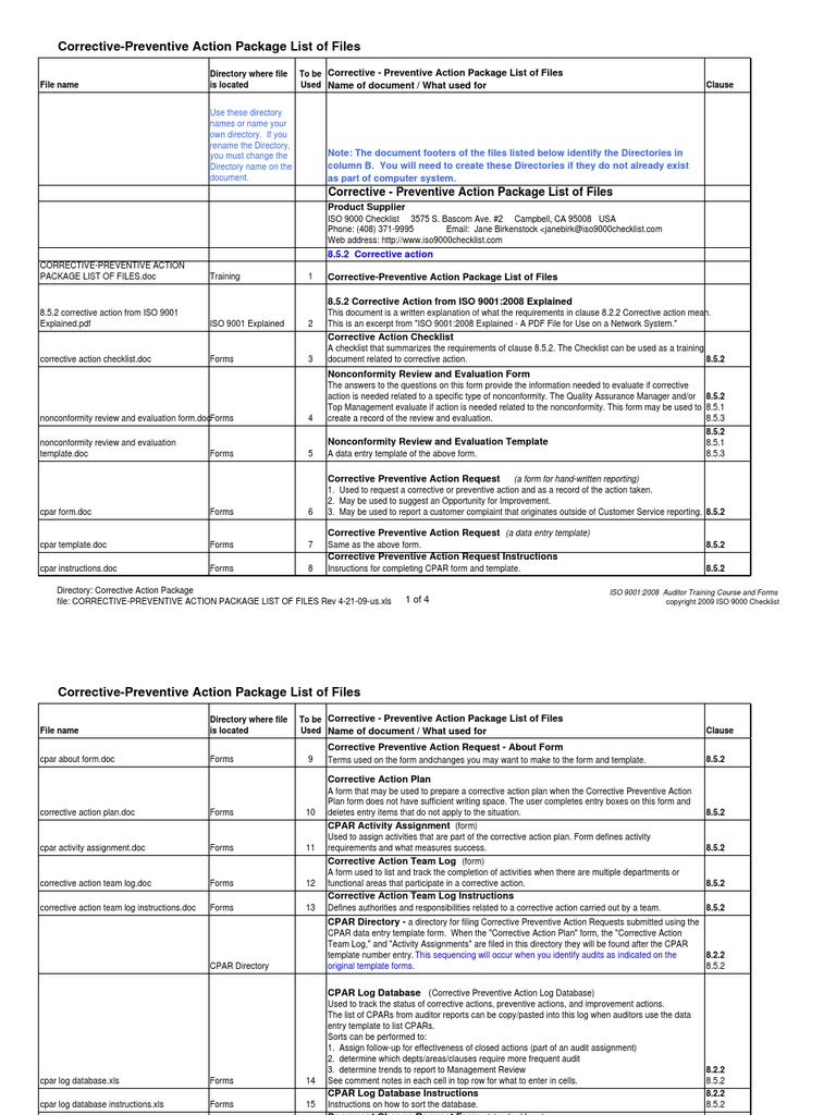 Corrective Preventive Action Package List of 27 Files Rev 4-21-09 Us ...
