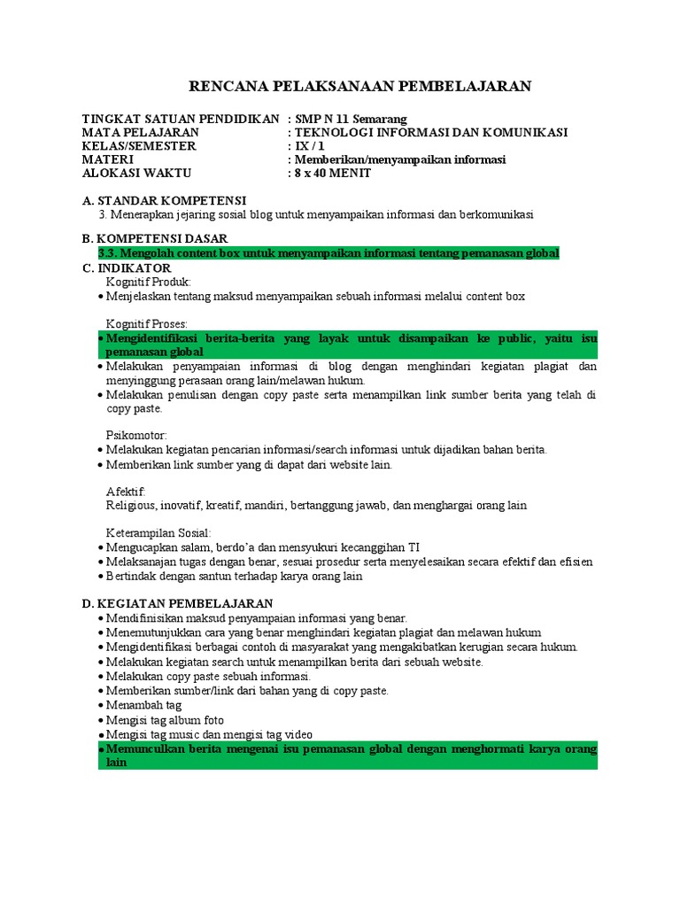 RPP Tik 9 Genap Adiwiyata Revisi | PDF