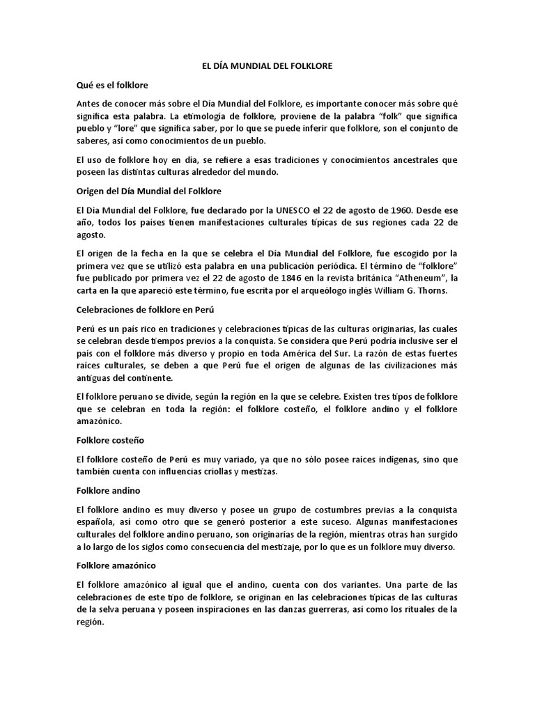 El Día Mundial Del Folklore | PDF | Folklore | Perú