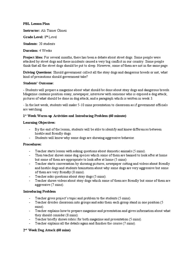Lesson Plan For PBL Ali Tümer Ölmez | PDF | Teachers | Dogs