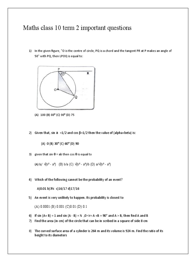 Maths Class 10 Term 2 Important Questions | PDF | Circle | Area