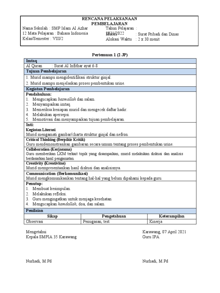 Contoh RPP 1 Lembar Ala Azhar | PDF